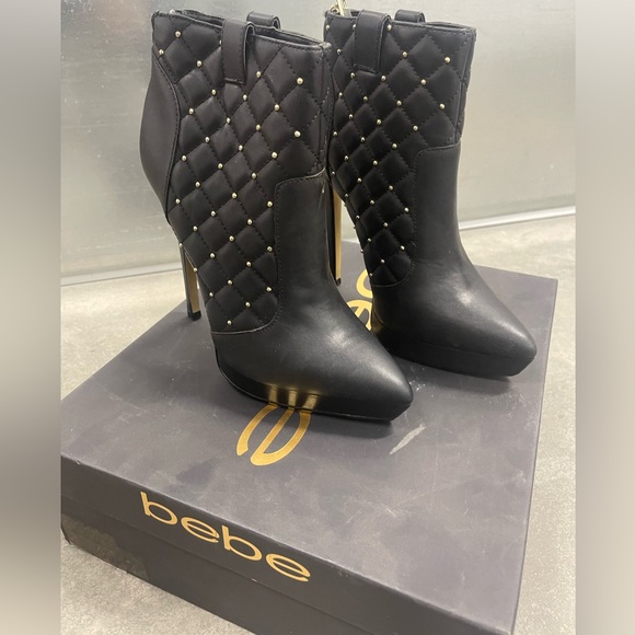 bebe | Shoes | Bebe Black Quilted Heeled Boots With Gold Accents | Poshmark